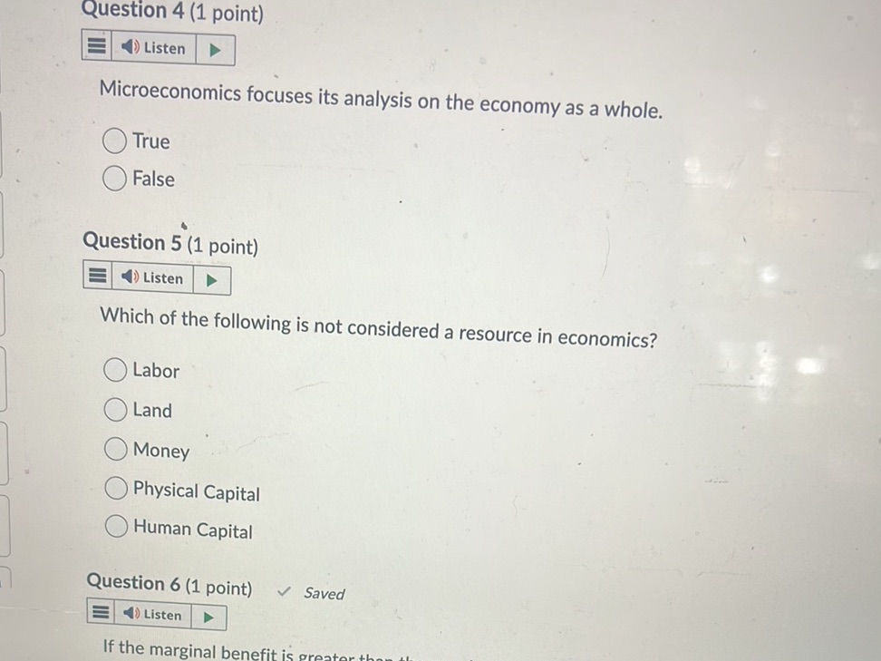 Question 4 (1 point) Microeconomics focuses | StudyX