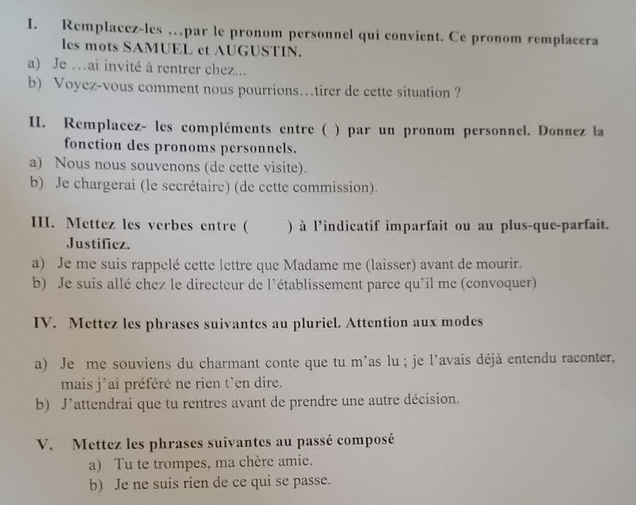 I. Remplacez-les ... par le pronom personnel | StudyX