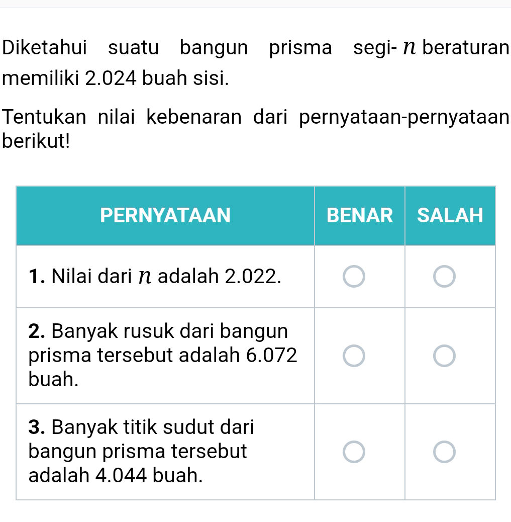 Diketahui suatu bangun prisma segi- n | StudyX