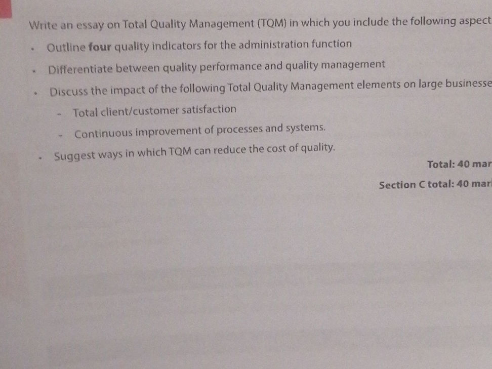 Write an essay on Total Quality Management | StudyX