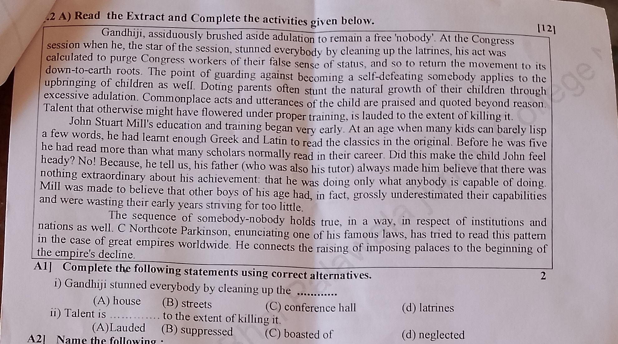 A1] Complete the following statements using | StudyX