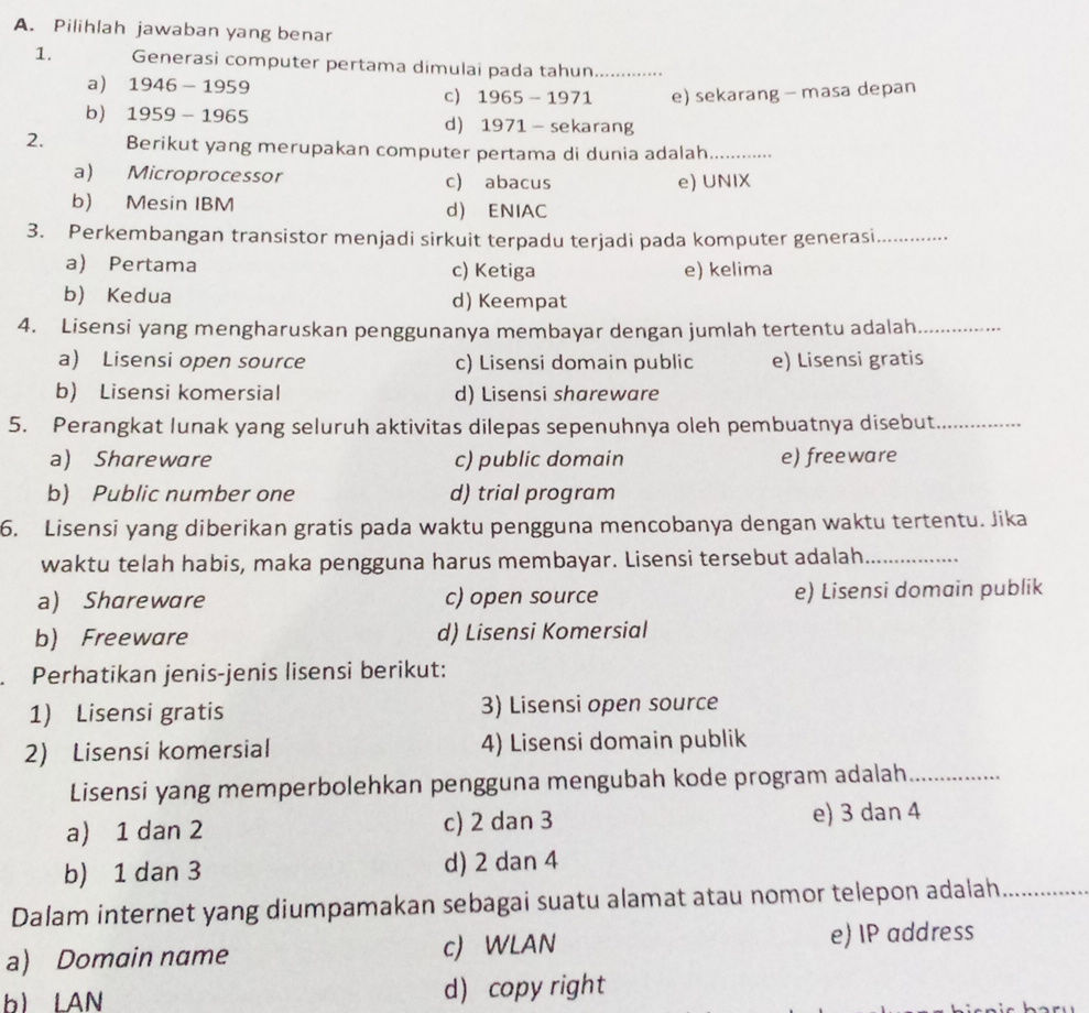 1. Generasi computer pertama dimulai pada | StudyX