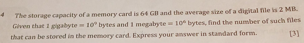 The storage capacity of a memory card is 64 | StudyX