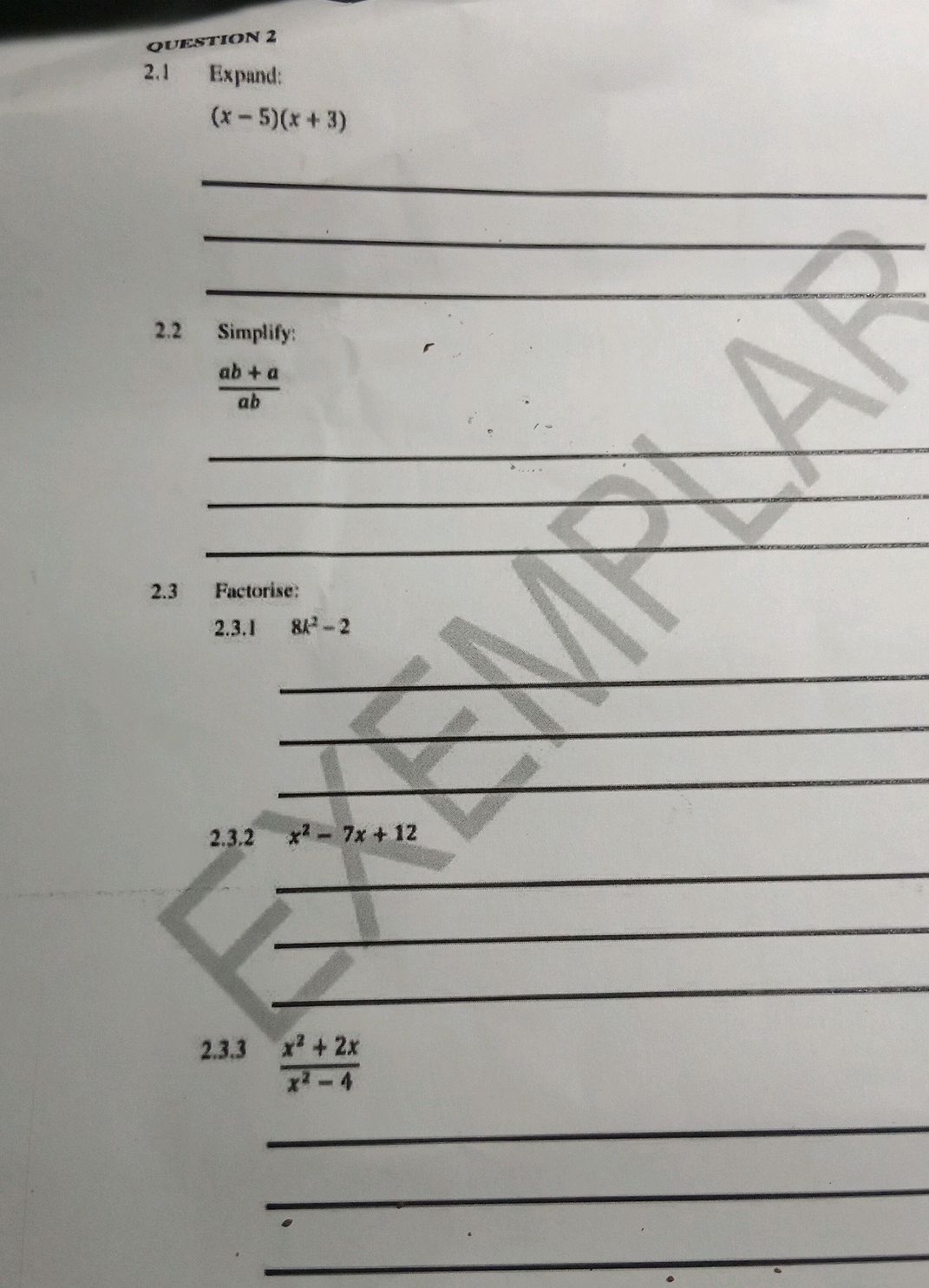 2.1 Expand: $(x-5)(x+3)$ 2.2 Simplify: $ | StudyX