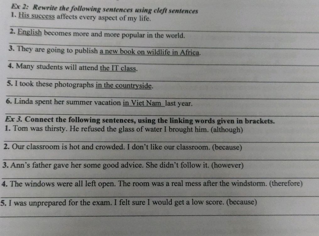 Ex 2: Rewrite the following sentences using | StudyX