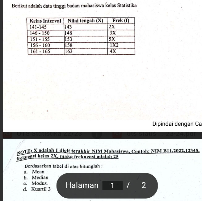 Berikut adalah data tinggi badan mahasiswa | StudyX