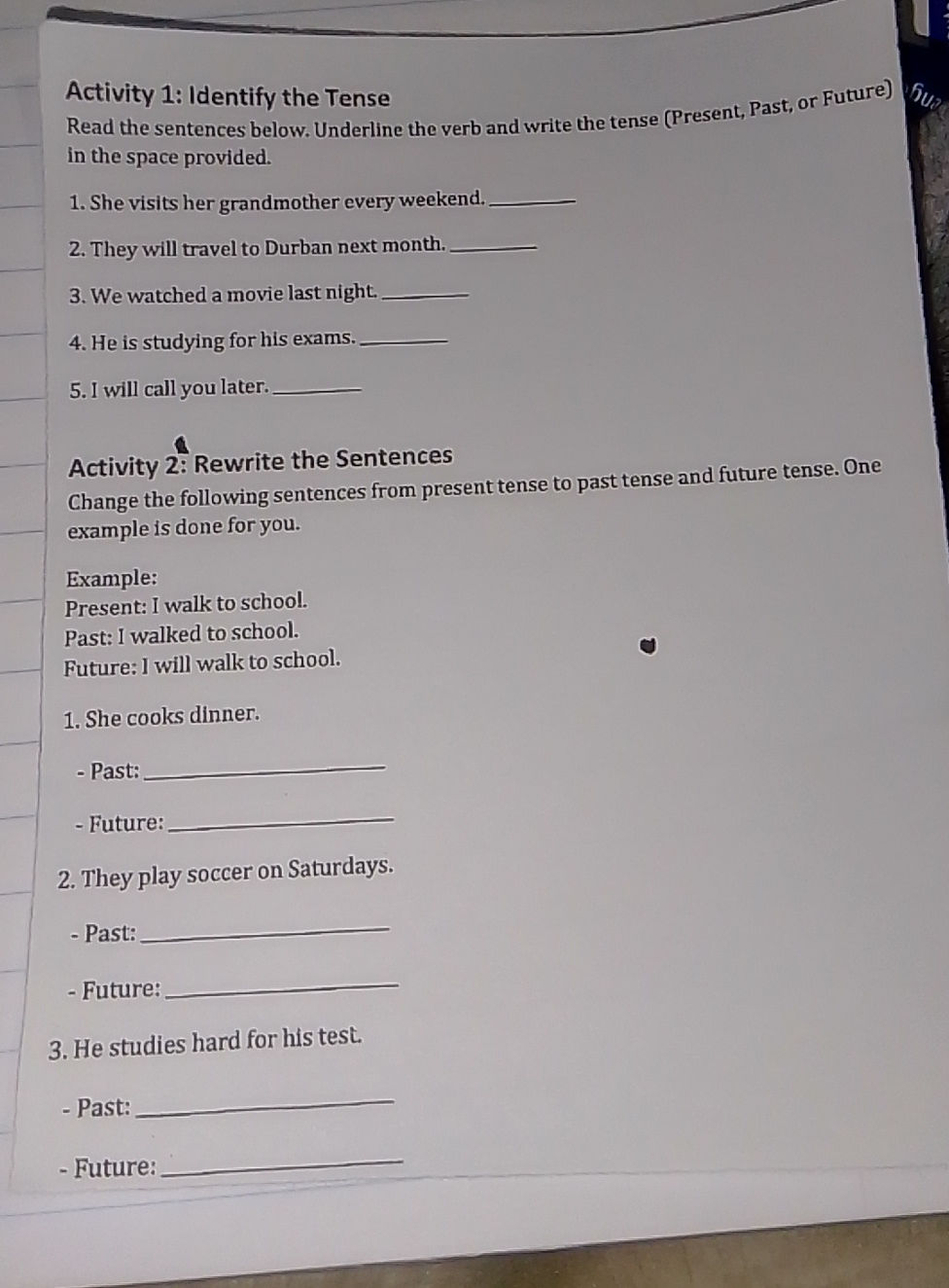 Activity 1: Identify the Tense Read the | StudyX