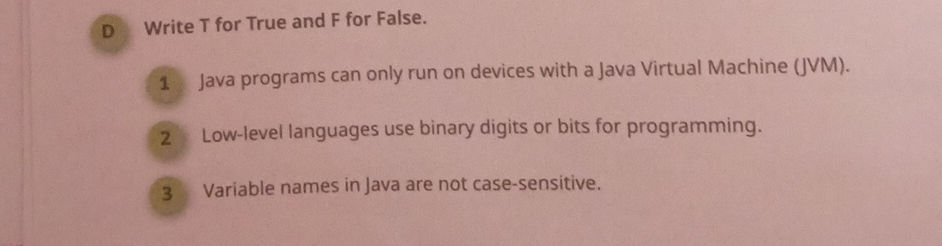 Write T for True and F for False. 1 Java | StudyX