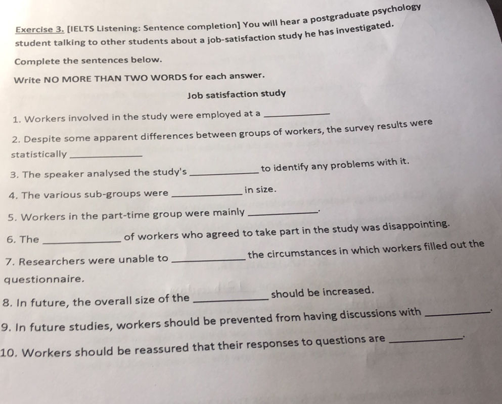 Exercise 3. [IELTS Listening: Sentence | StudyX