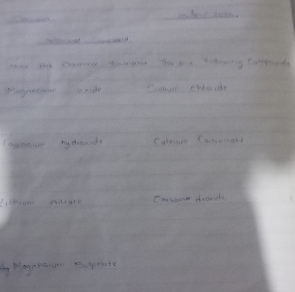 Write the Chemical formulas for the | StudyX