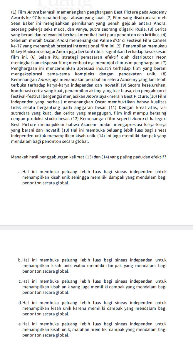 Manakah hasil penggabungan kalimat (13) dan | StudyX