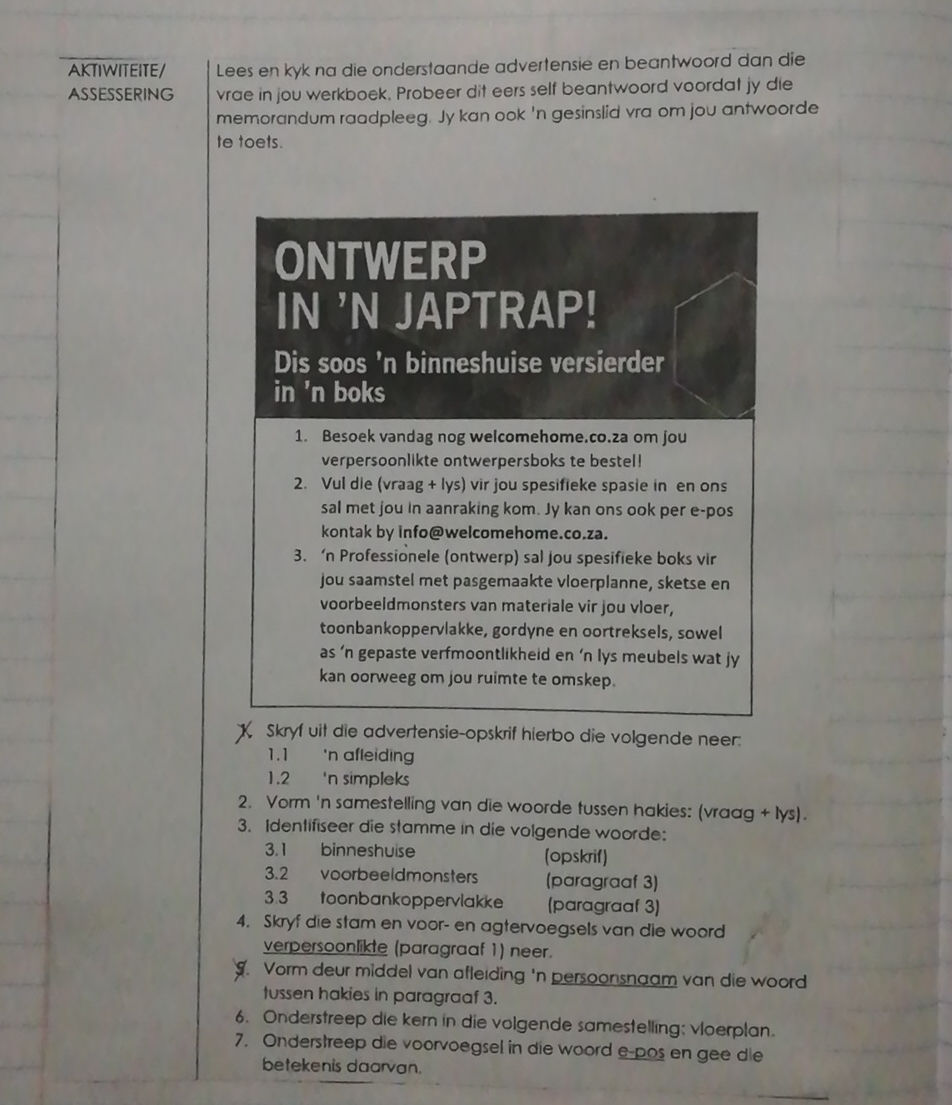 Skryf uit die advertensie-opskrif hierbo die | StudyX
