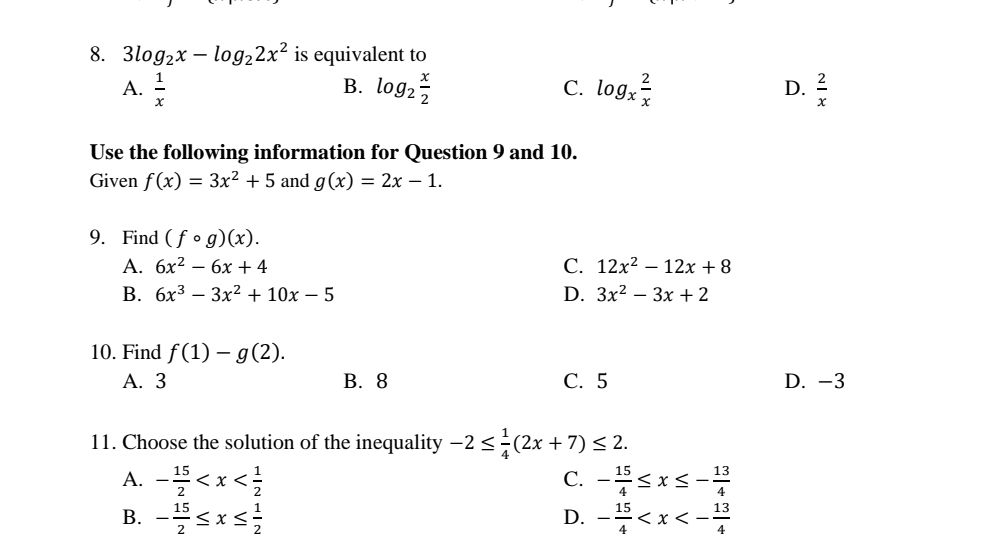 8. $3log_2x - log_22x^2$ is equivalent to | StudyX