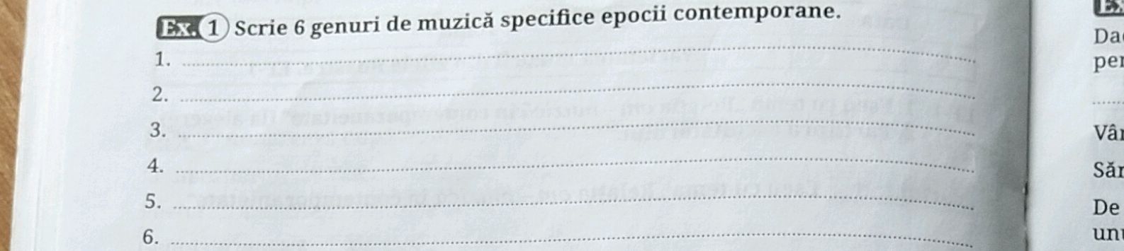 Ex. 1 Scrie 6 genuri de muzică specifice | StudyX