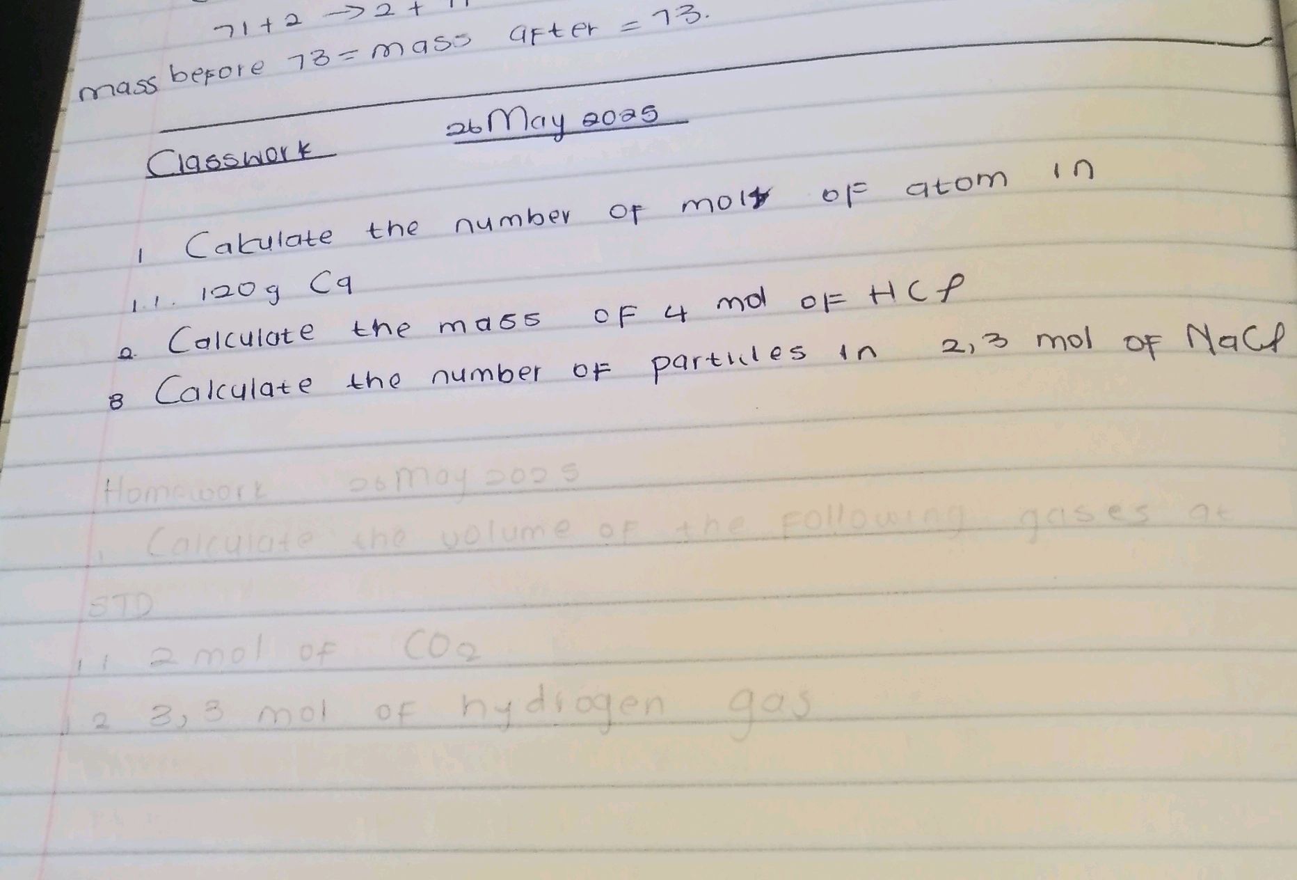 Classwork 1. Calculate the number of moles | StudyX