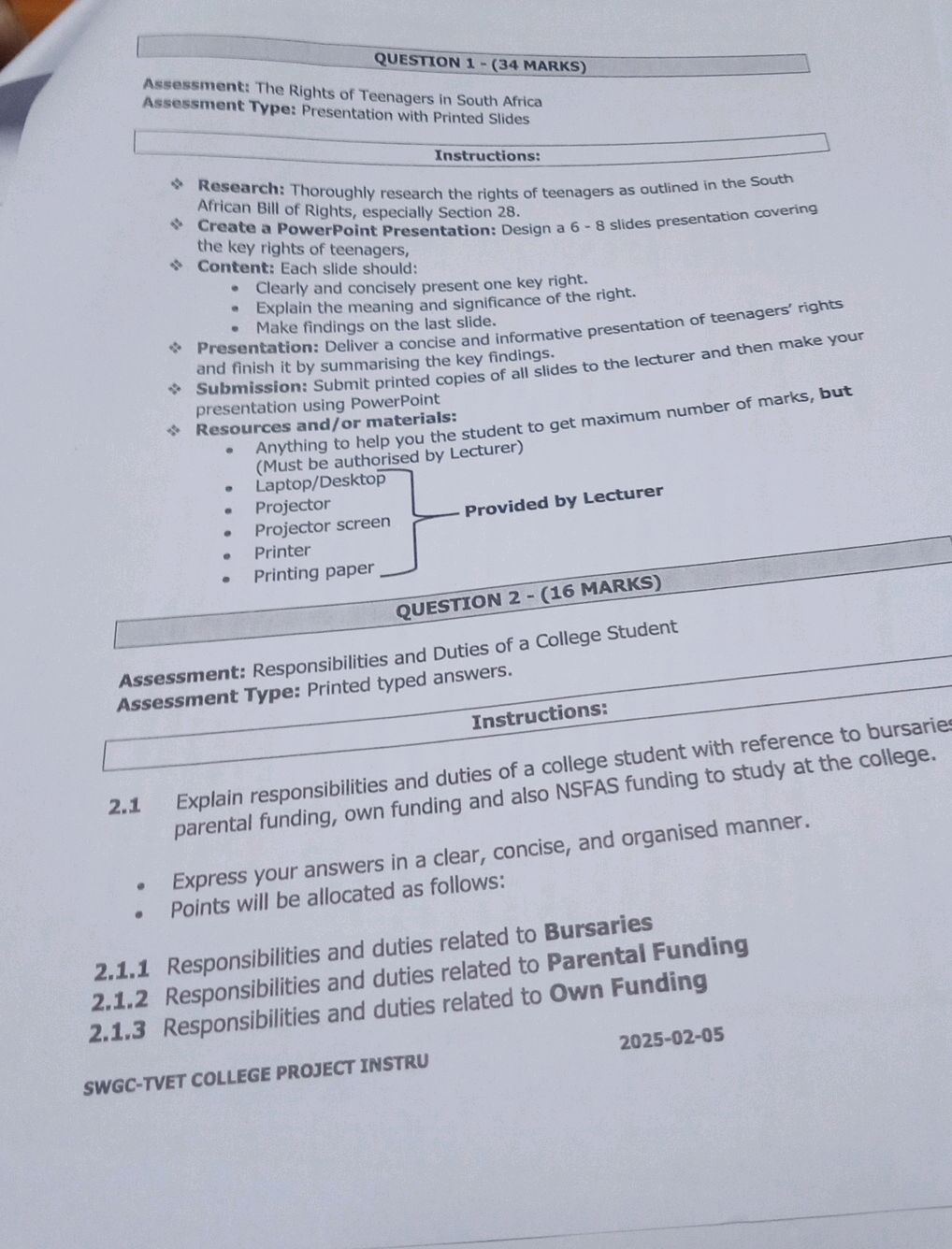 QUESTION 1 - (34 MARKS) Assessment: The | StudyX