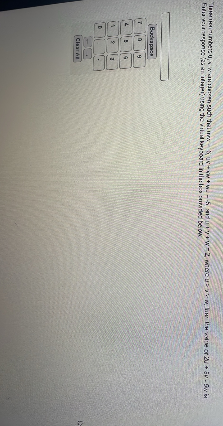 Three real numbers u, v, w are chosen such | StudyX