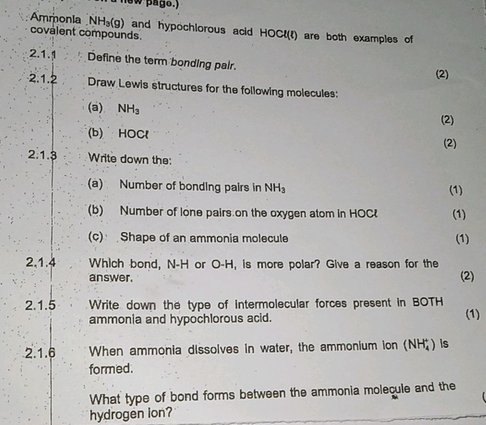 Ammonia NH3(g) and hypochlorous acid HOCl(l) | StudyX