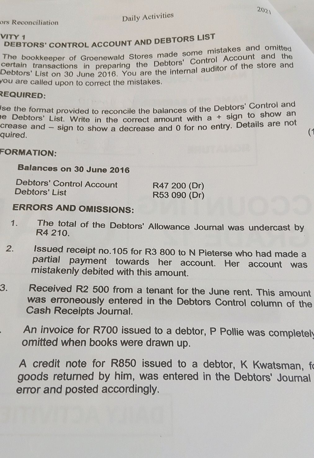 DEBTORS' CONTROL ACCOUNT AND DEBTORS LIST | StudyX