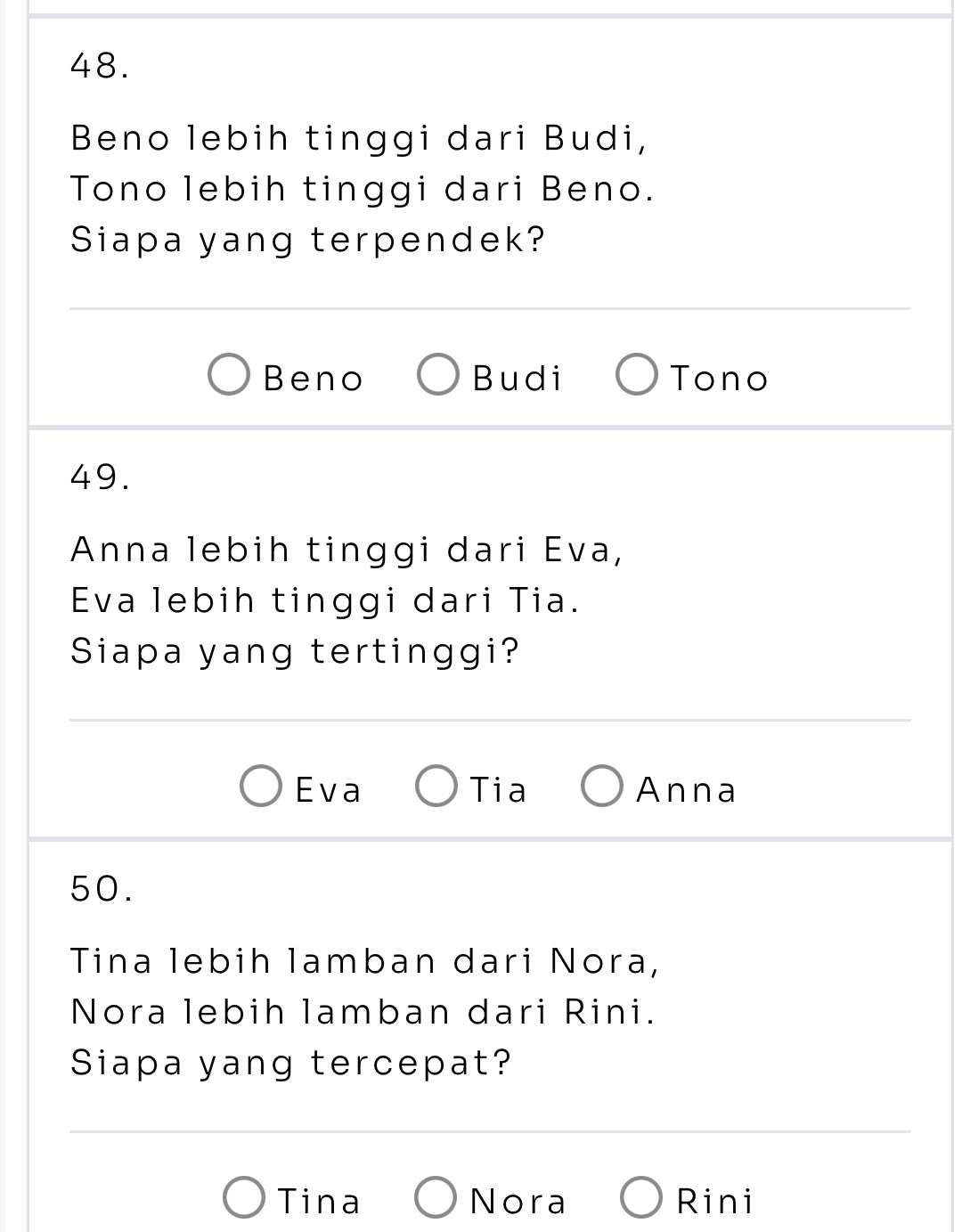 48. Beno lebih tinggi dari Budi, Tono lebih | StudyX