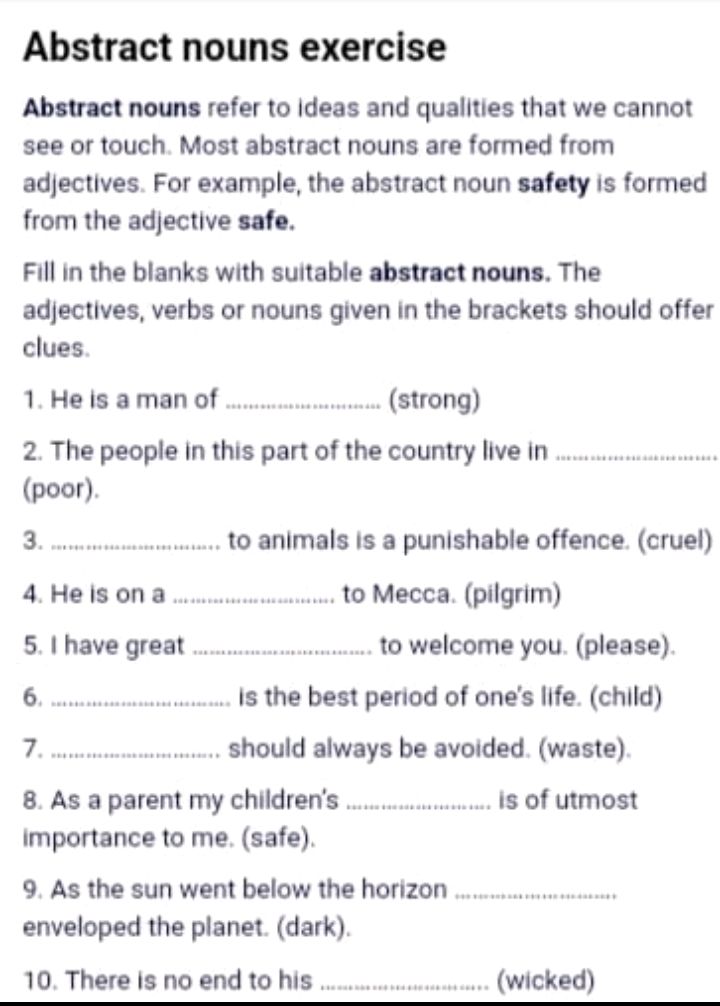 Abstract nouns exercise Abstract nouns | StudyX