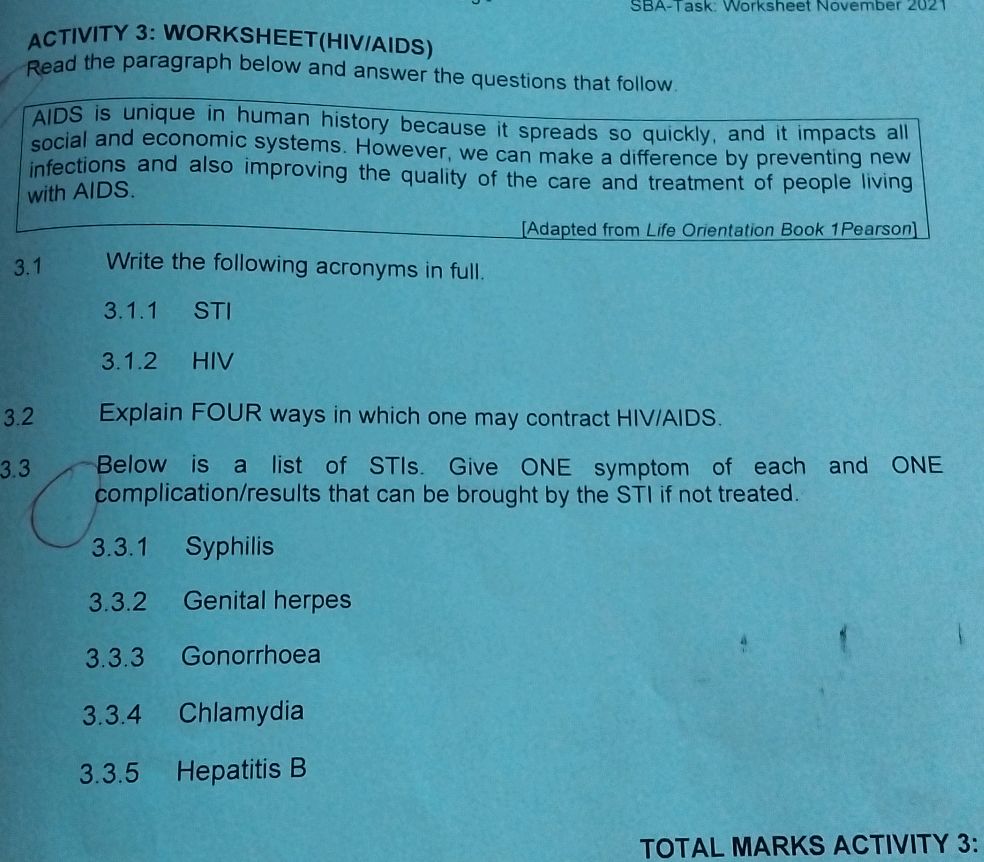 ACTIVITY 3: WORKSHEET (HIV/AIDS) Read the | StudyX
