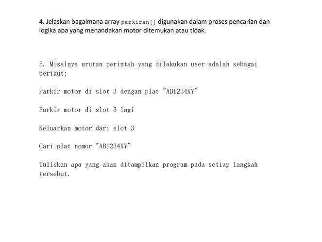 4. Jelaskan bagaimana array parkiran[] | StudyX