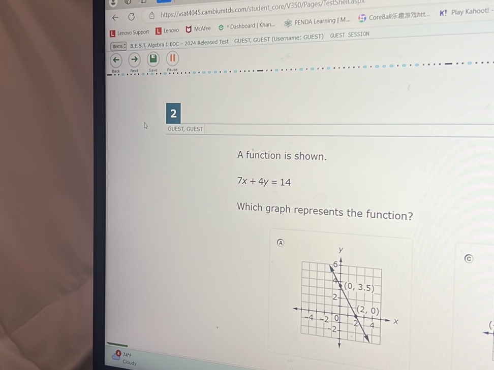 A function is shown. 7x + 4y = 14 Which | StudyX
