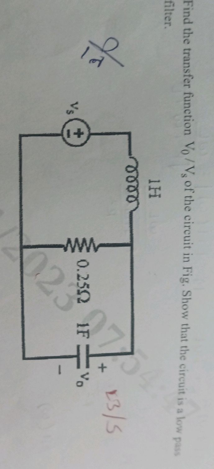 Find the transfer function $V_o / V_s$ of | StudyX