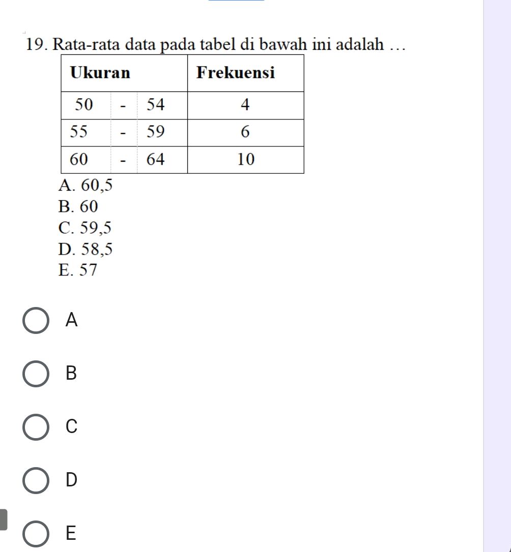 19. Rata-rata data pada tabel di bawah ini | StudyX