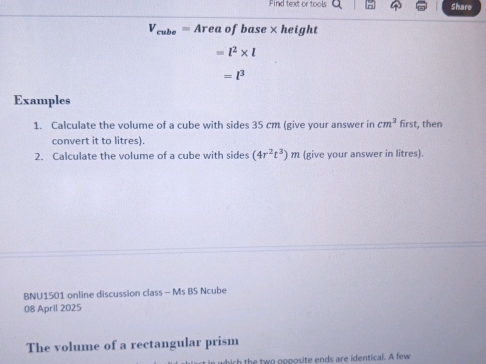 $V_{cube} = Area\ of\ base height$ $= l^2 | StudyX