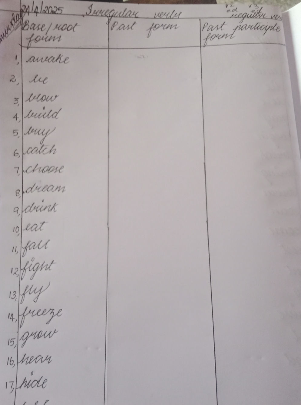 Complete the table of irregular verbs. | | StudyX