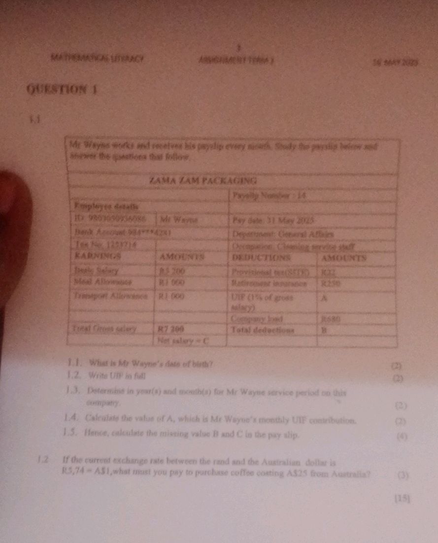 My Wayne works and receives his payslip | StudyX