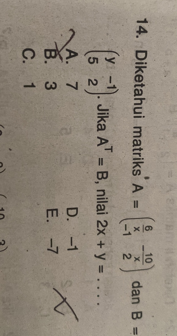 14. Diketahui matriks $A = y -1 5 2 | StudyX