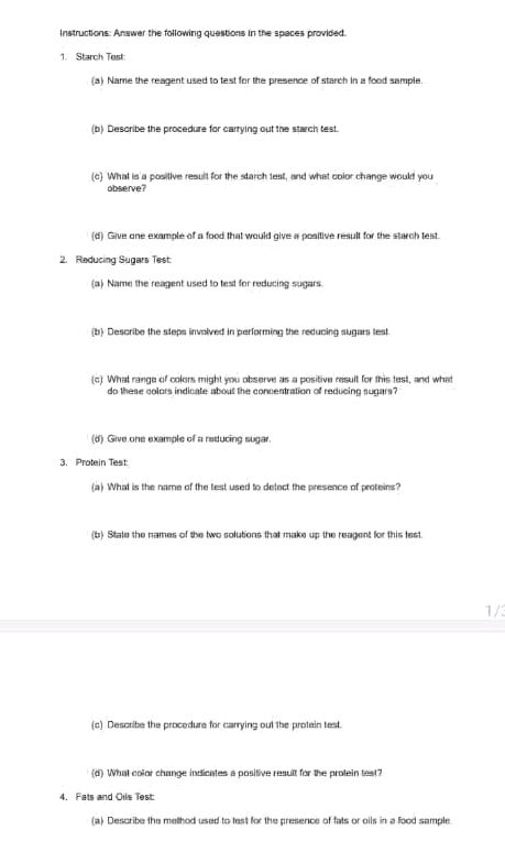 1. Starch Test (a) Name the reagent used to | StudyX