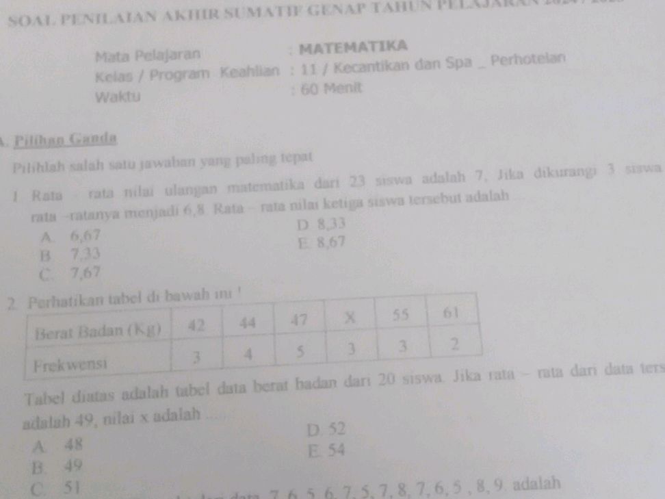 1. Rata-rata nilai ulangan matematika dari | StudyX