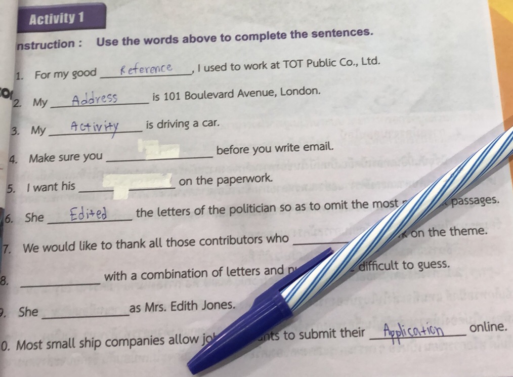 Activity 1 Instruction: Use the words above | StudyX