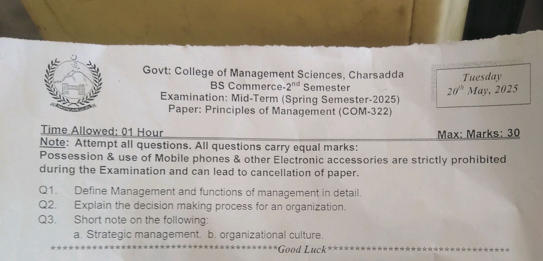 Q1. Define Management and functions of | StudyX