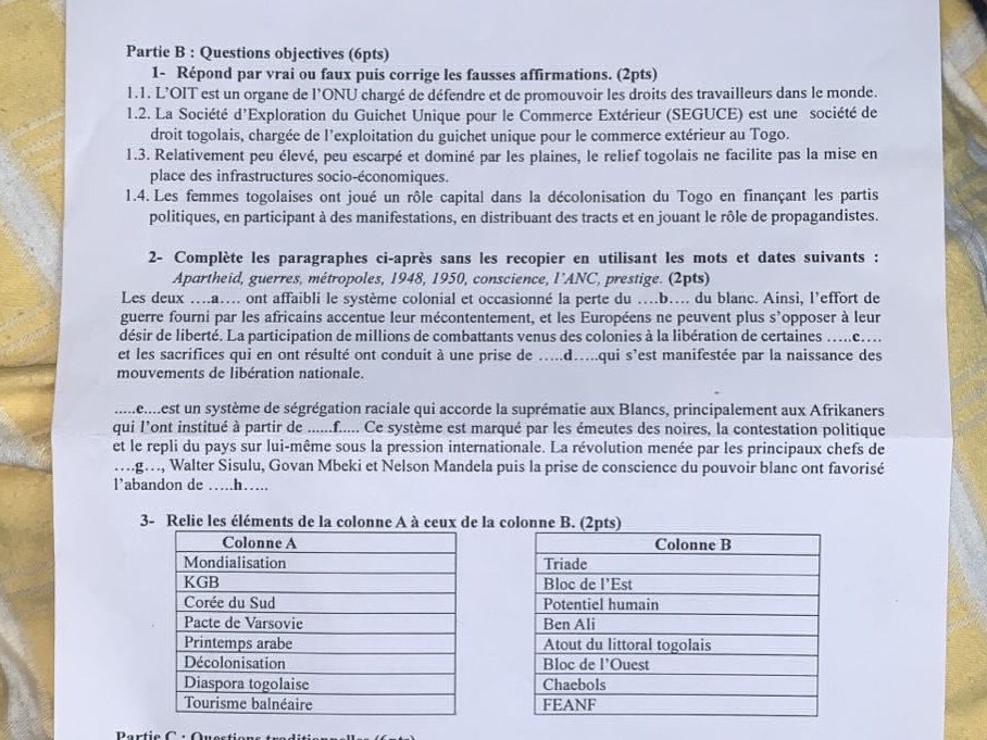 Partie B: Questions objectives (6pts) 1- | StudyX