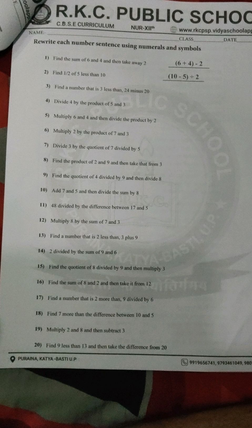 Rewrite each number sentence using numerals | StudyX