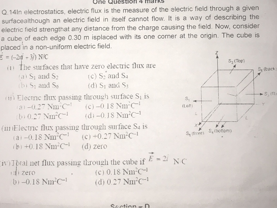 Q.14 In electrostatics, electric flux is the