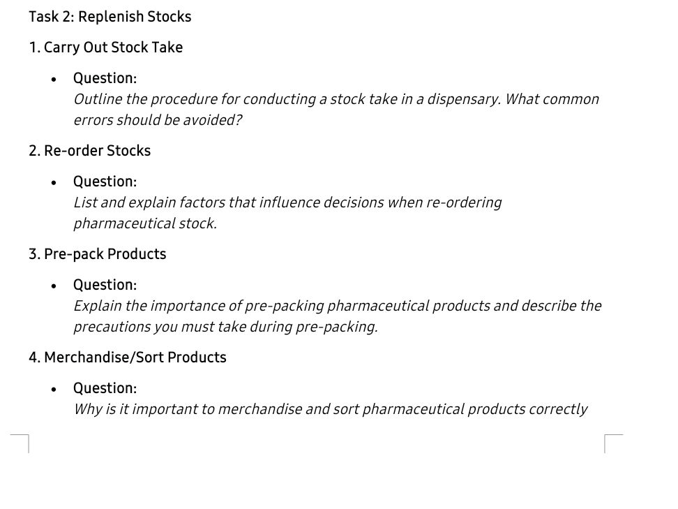 1. Carry Out Stock Take Question: Outline | StudyX