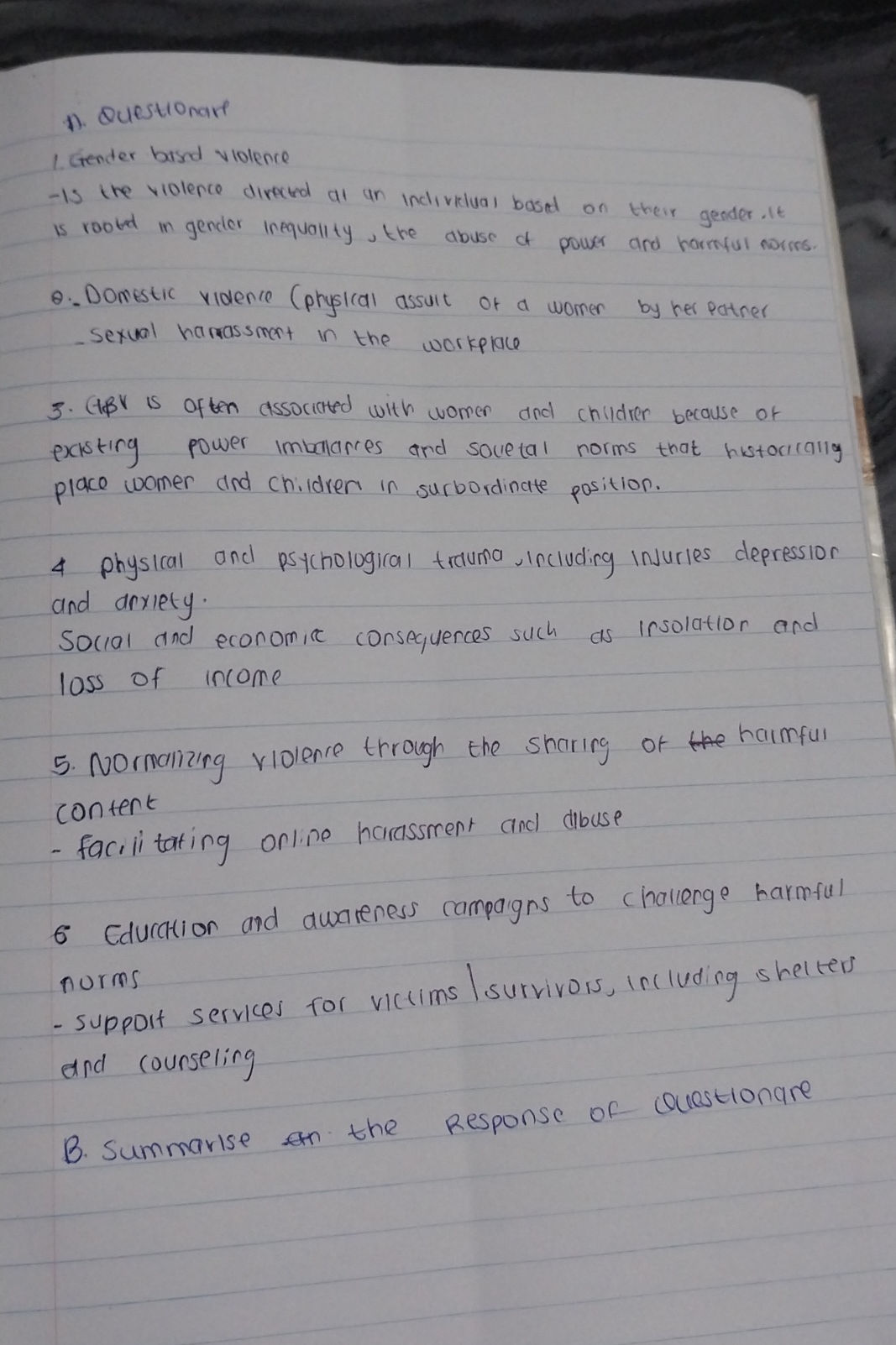 A. Questionnaire 1. Gender based violence - | StudyX