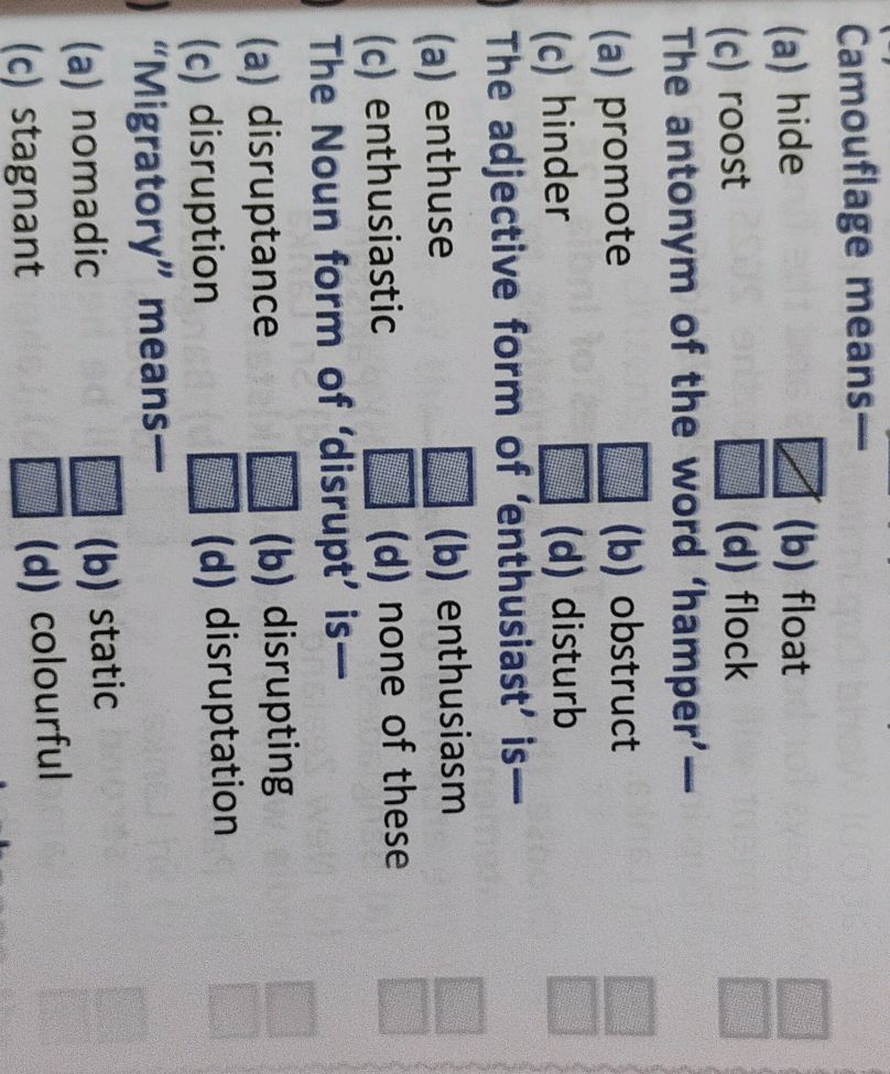 Camouflage means— (a) hide (b) float (c) | StudyX