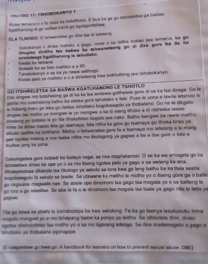 THUTISO 17: TSHOBOKANYO 1 Buisa temana e e | StudyX