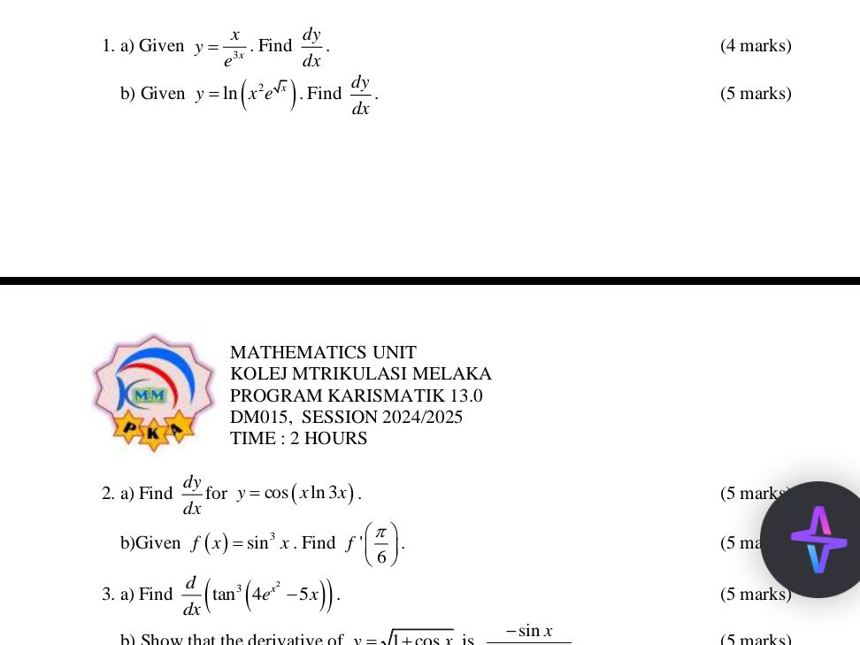 1. a) Given $y = {x}{e^{3x}}$. Find $ | StudyX