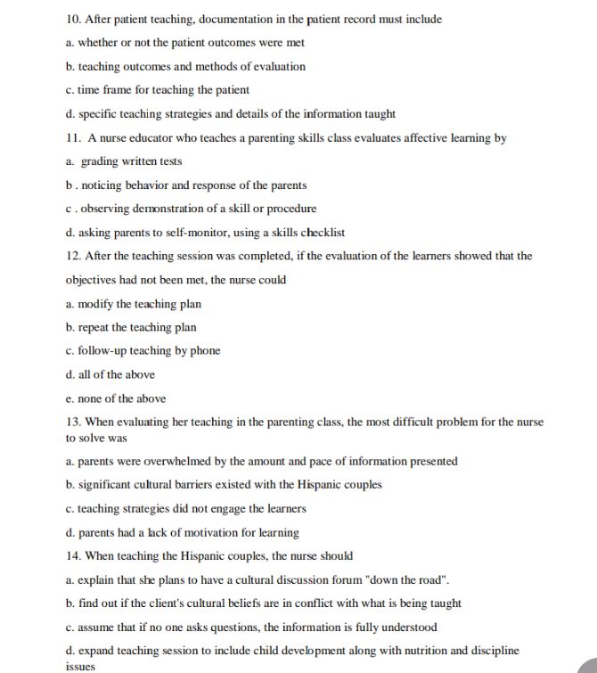 10. After patient teaching, documentation in | StudyX