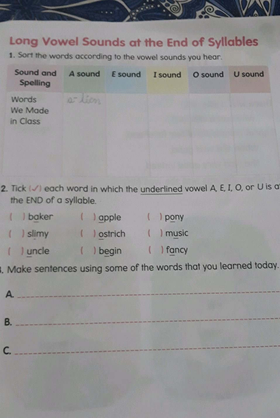 1. Sort the words according to the vowel | StudyX