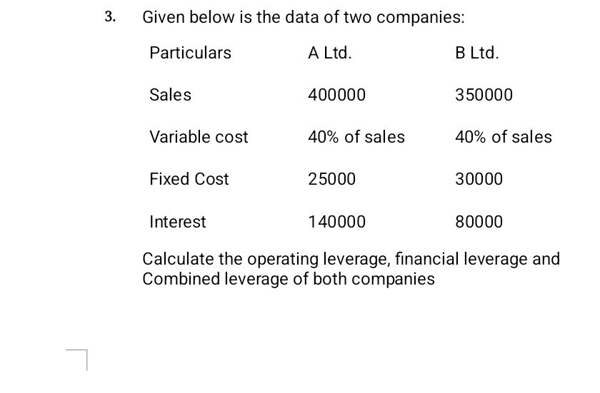 3. Given below is the data of two companies: | StudyX