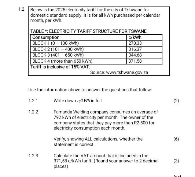 Below is the 2025 electricity tariff for the